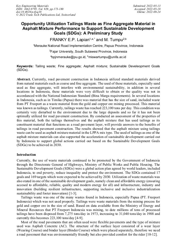 Opportunity Utilization Tailings Waste as Fine Aggregate Material in ...