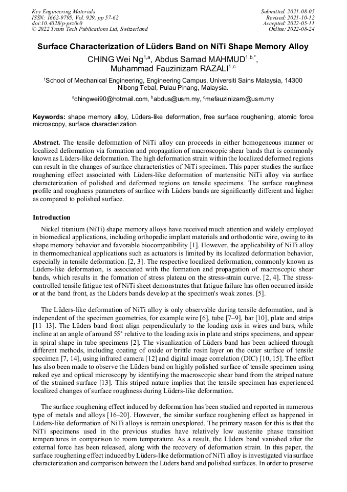 Surface Characterization of Lüders Band on NiTi Shape Memory Alloy ...