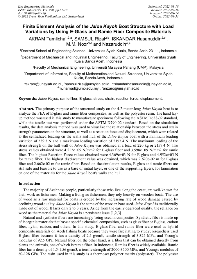 Finite Element Analysis Of The Jaloe Kayoh Boat Structure With Load
