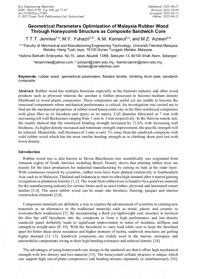 Geometrical Parameters Optimization of Malaysia Rubber Wood through ...