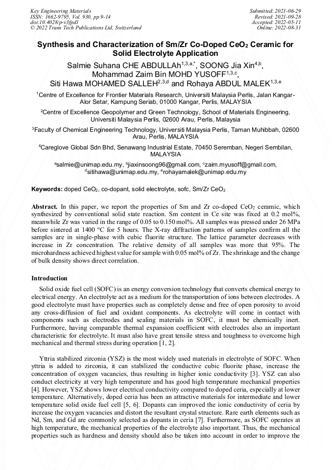 Synthesis and Characterization of Sm/Zr Co-Doped CeO2 Ceramic for Solid ...