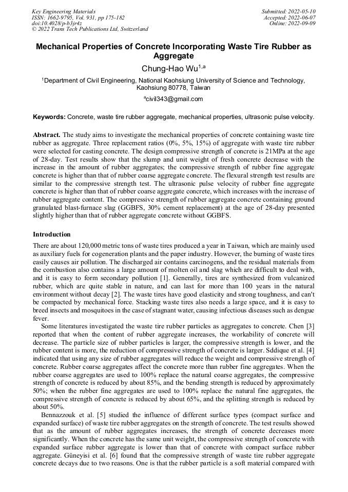 Mechanical Properties of Concrete Incorporating Waste Tire Rubber as ...