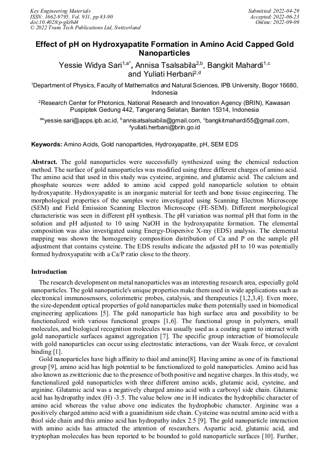 Effect of pH on Hydroxyapatite Formation in Amino Acid Capped Gold ...