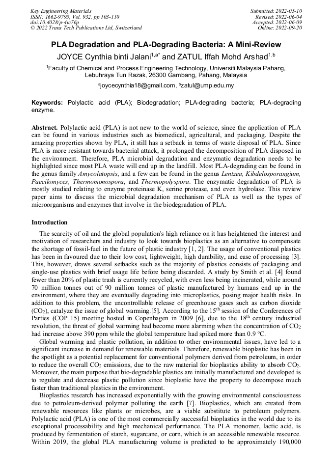 PLA Degradation and PLA-Degrading Bacteria: A Mini-Review | Scientific.Net