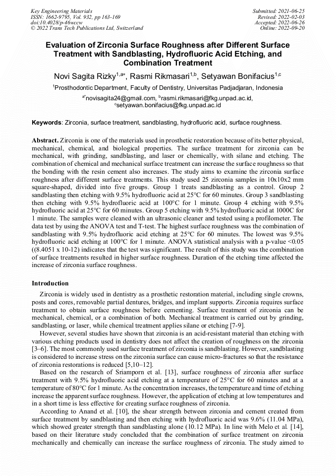 Evaluation of Zirconia Surface Roughness after Different Surface ...