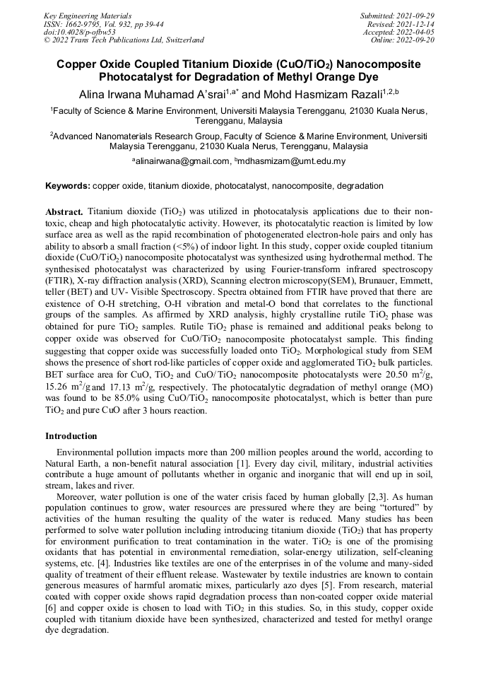 Copper Oxide Coupled Titanium Dioxide (CuO/TiO2) Nanocomposite ...