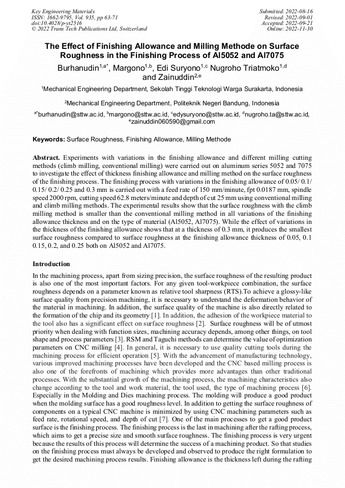 The Effect of Finishing Allowance and Milling Methode on Surface ...