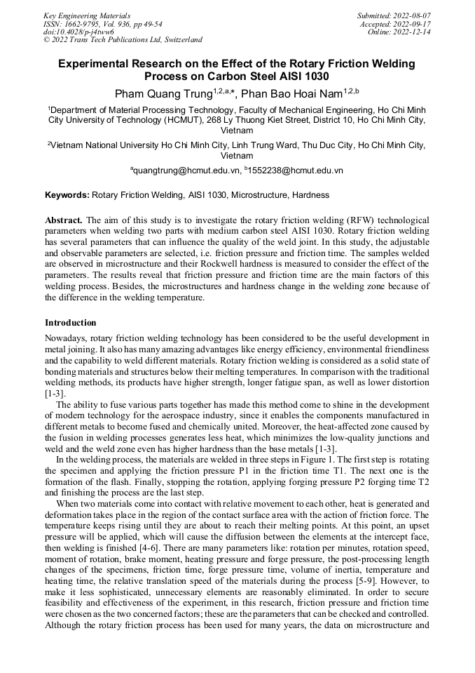 Experimental Research on the Effect of the Rotary Friction Welding ...