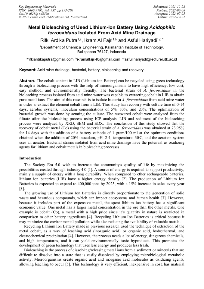 Metal Bioleaching of Used Lithium-Ion Battery Using Acidophilic ...