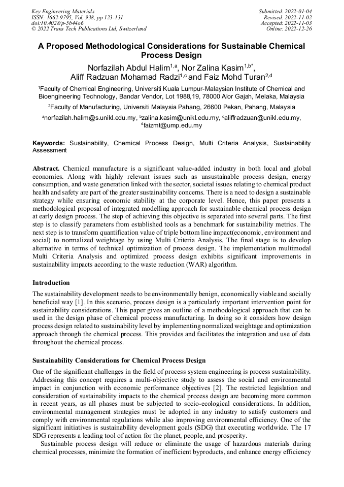 A Proposed Methodological Considerations for Sustainable Chemical ...