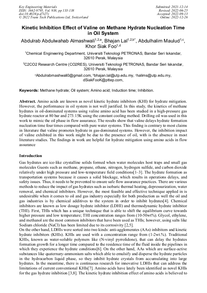 Kinetic Inhibition Effect of Valine on Methane Hydrate Nucleation Time ...