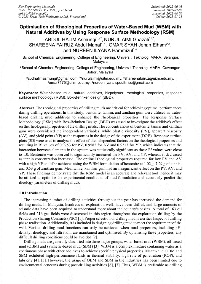 Optimisation of Rheological Properties of Water-Based Mud (WBM) with ...