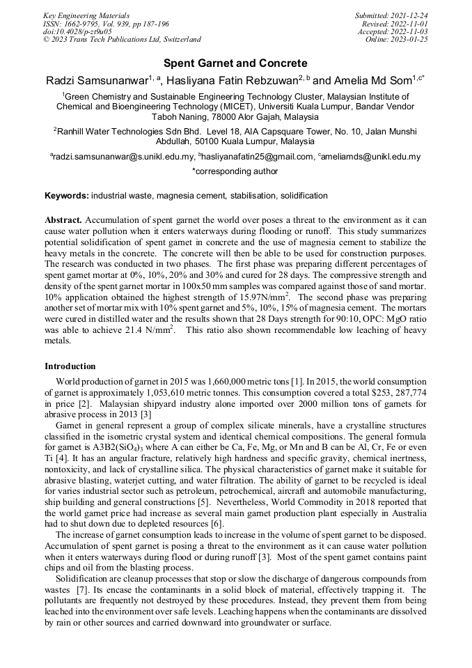 Spent Garnet and Concrete | Scientific.Net