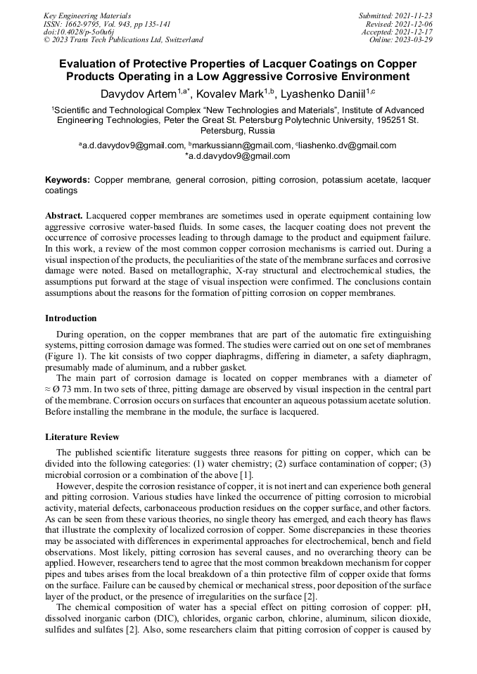 Evaluation of Protective Properties of Lacquer Coatings on Copper ...