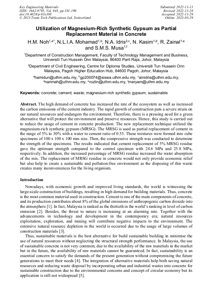 Utilization of Magnesium-Rich Synthetic Gypsum as Partial Replacement ...