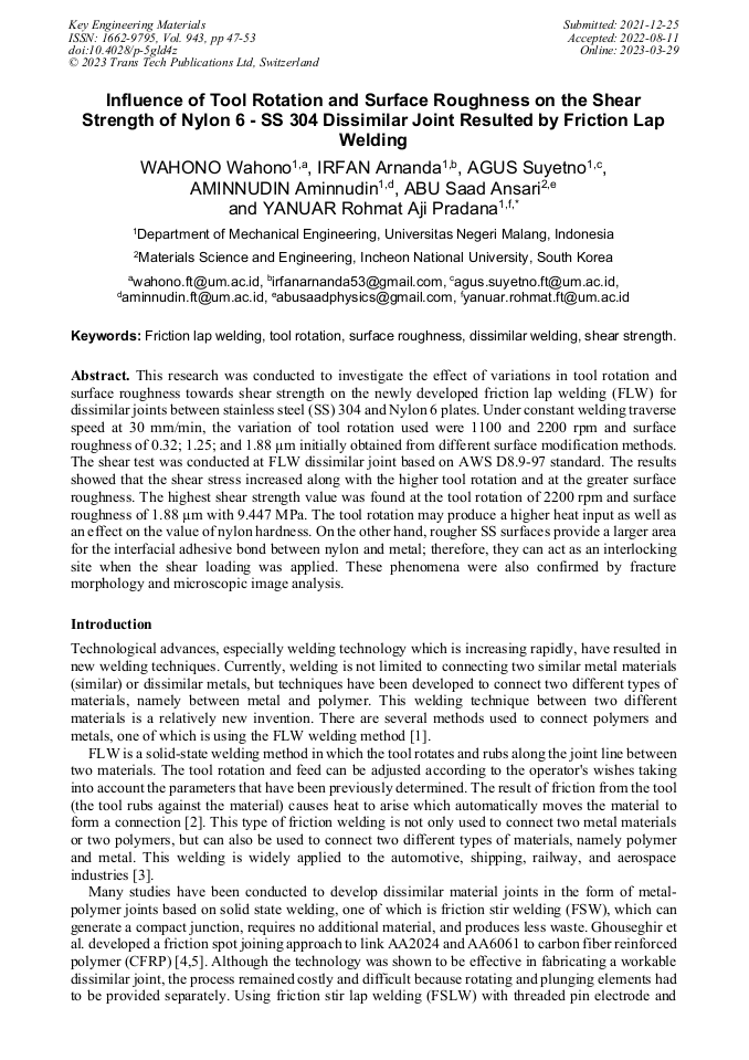 Influence of Tool Rotation and Surface Roughness on the Shear Strength ...
