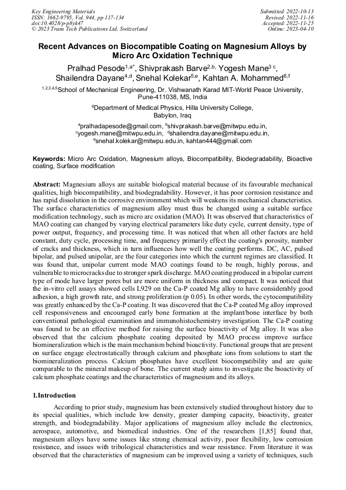 Recent Advances on Biocompatible coating on Magnesium alloys by Micro ...
