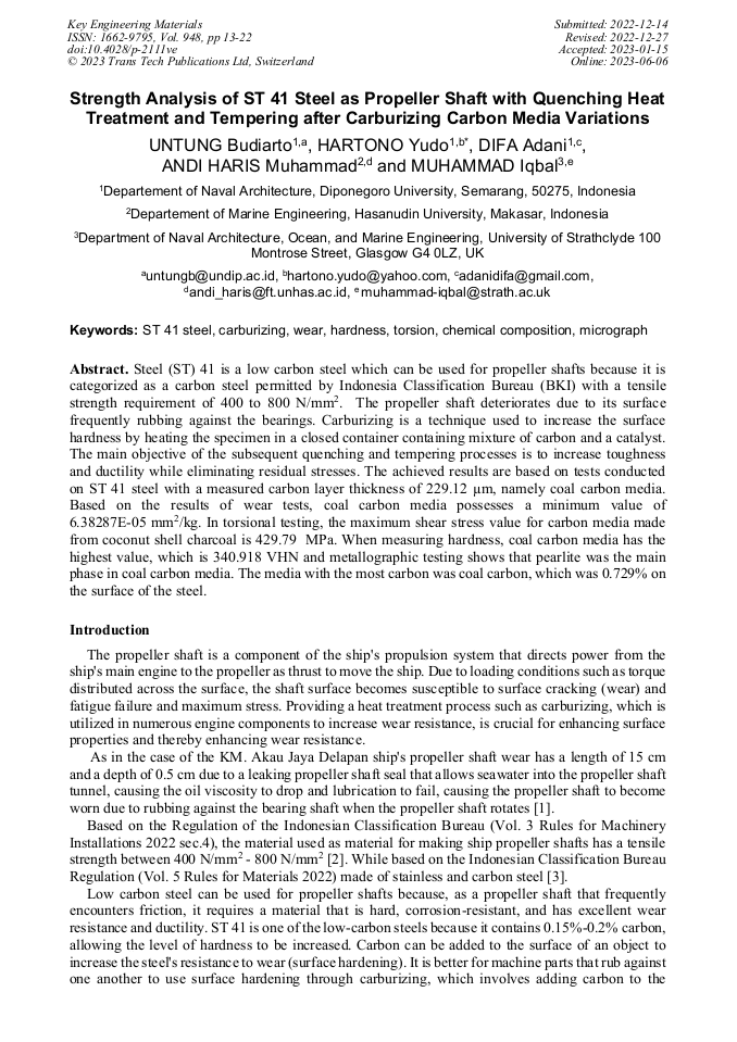 Strength Analysis of ST 41 Steel as Propeller Shaft with Quenching Heat ...