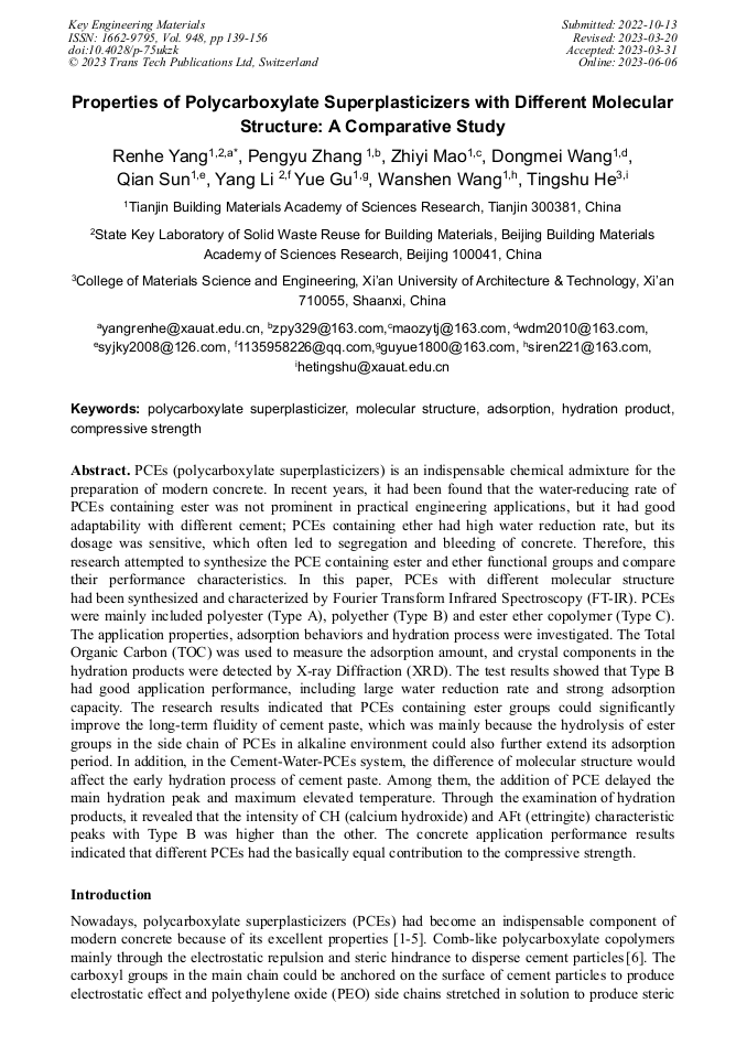 Properties of Polycarboxylate Superplasticizers with Different ...