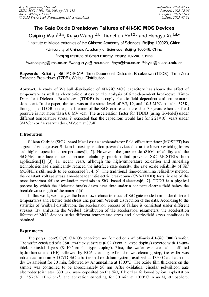 The Gate Oxide Breakdown Failures of 4H-SiC MOS Devices | Scientific.Net