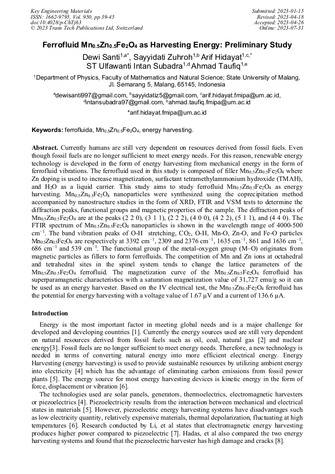Ferrofluid Mn0.5Zn0.5Fe2O4 as Harvesting Energy: Preliminary Study ...