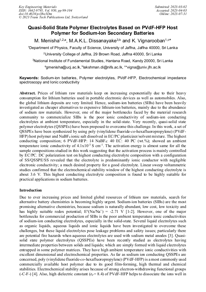 Quasi-Solid State Polymer Electrolytes Based on PVdF-HFP Host Polymer ...