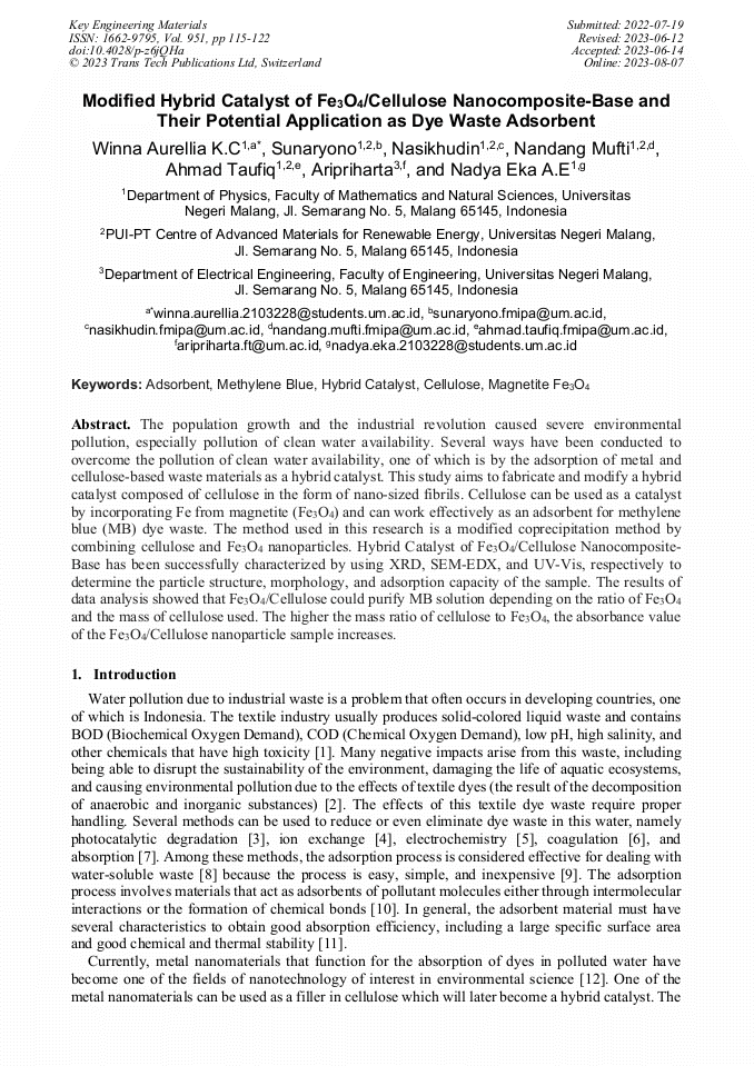Modified Hybrid Catalyst of Fe3O4/Cellulose Nanocomposite-Base and ...