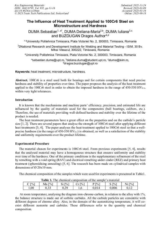 The Influence of Heat Treatment Applied to 100Cr6 Steel on ...