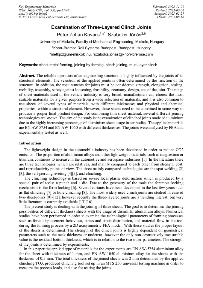 Examination of Three-Layered Clinch Joints | Scientific.Net