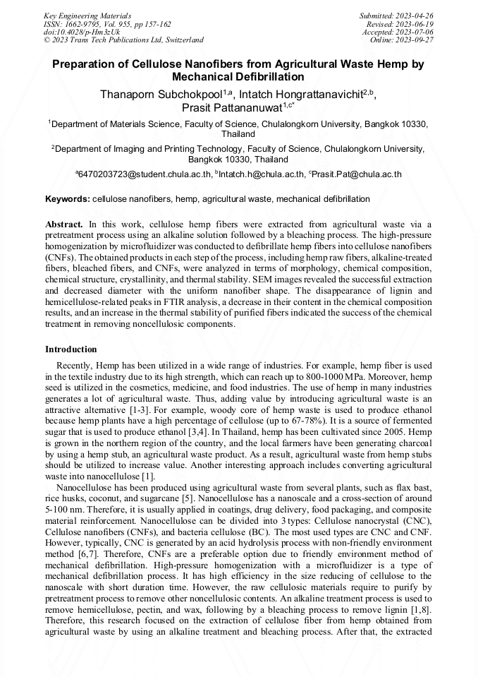 Preparation of Cellulose Nanofibers from Agricultural Waste Hemp by ...