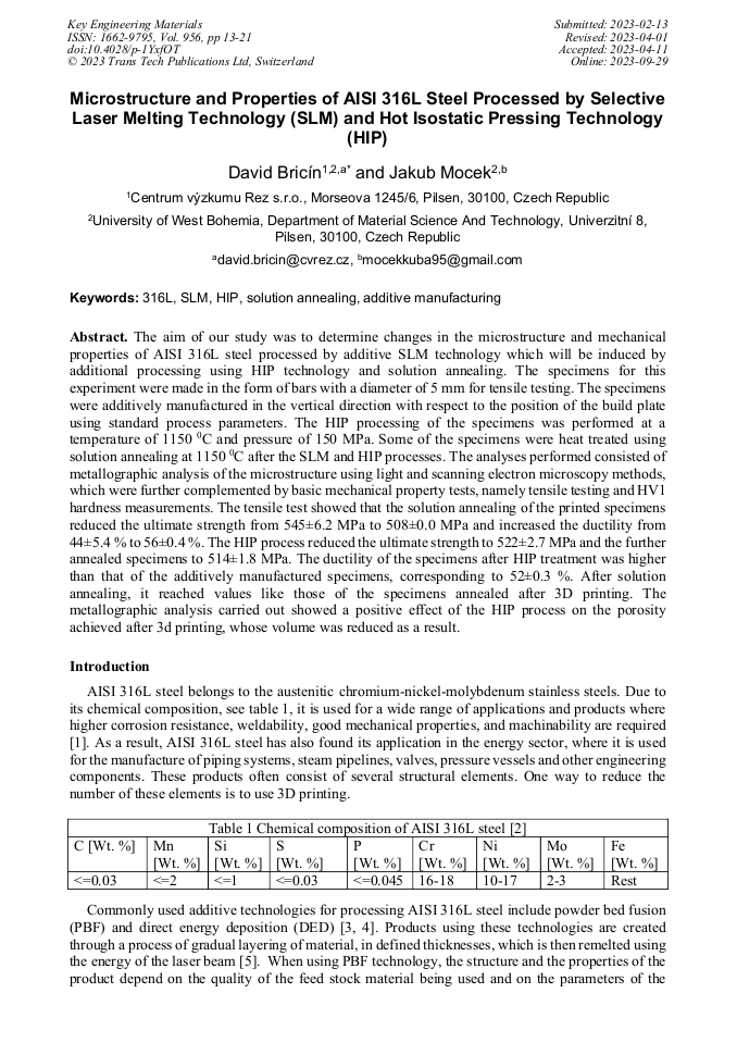 Microstructure and Properties of AISI 316L Steel Processed by Selective Laser Melting Technology ...