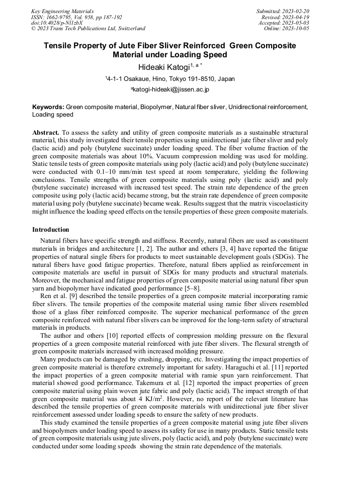 Tensile Property of Jute Fiber Sliver Reinforced Green Composite ...