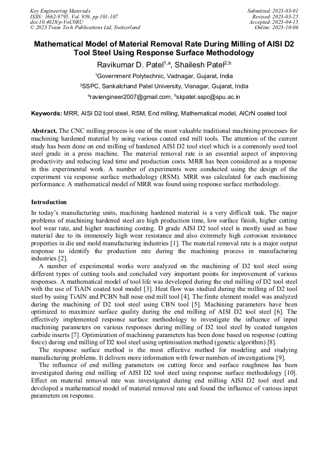 Mathematical Model of Material Removal Rate during Milling of AISI D2 ...