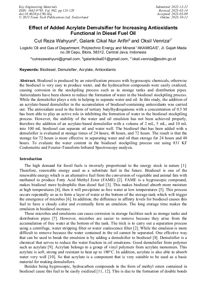 Effect of Added Acrylate Demulsifier for Increasing Antioxidants ...