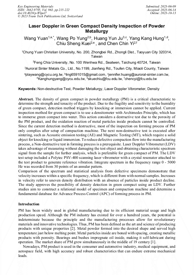 Laser Doppler in Green Compact Density Inspection of Powder Metallurgy ...