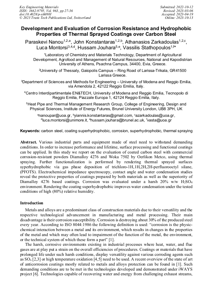 Development and Evaluation of Corrosion Resistance and Hydrophobic ...