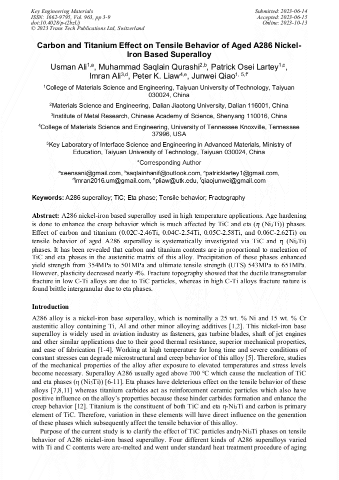 Carbon and Titanium Effect on Tensile Behavior of Aged A286 Nickel-Iron ...