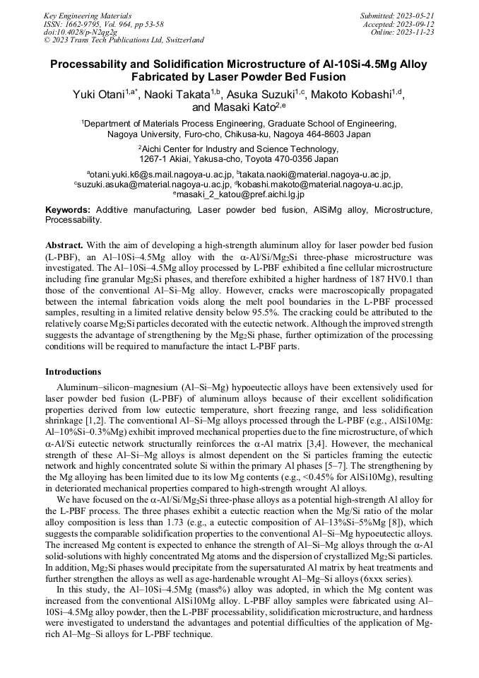 Processability and Solidification Microstructure of Al-10Si-4.5Mg Alloy Fabricated by Laser ...