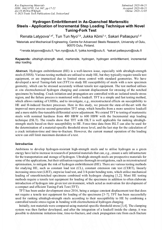 Hydrogen Embrittlement in as-Quenched Martensitic Steels - Application ...