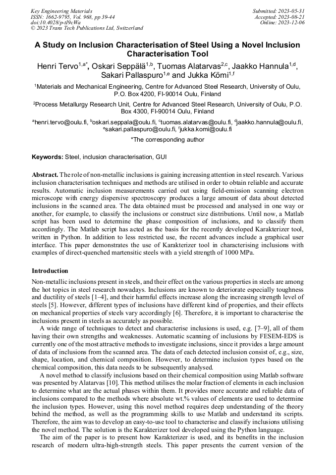 A Study on Inclusion Characterisation of Steel Using a Novel Inclusion ...
