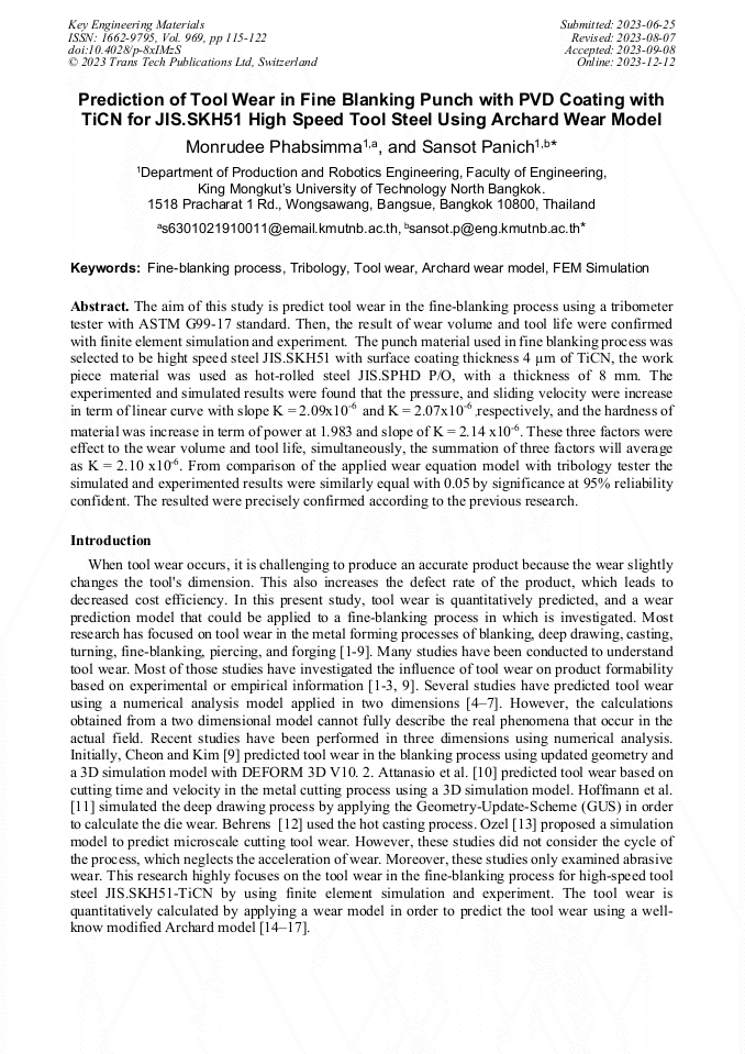 Prediction of Tool Wear in Fine Blanking Punch with PVD Coating with ...