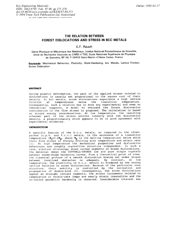 The Relation between Forest Dislocations and Stress in BCC Metals ...