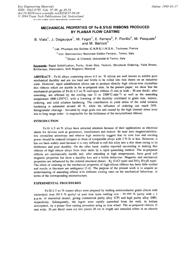 Mechanical Properties of Fe-6.5%Si Ribbons Produced by Planar Flow ...