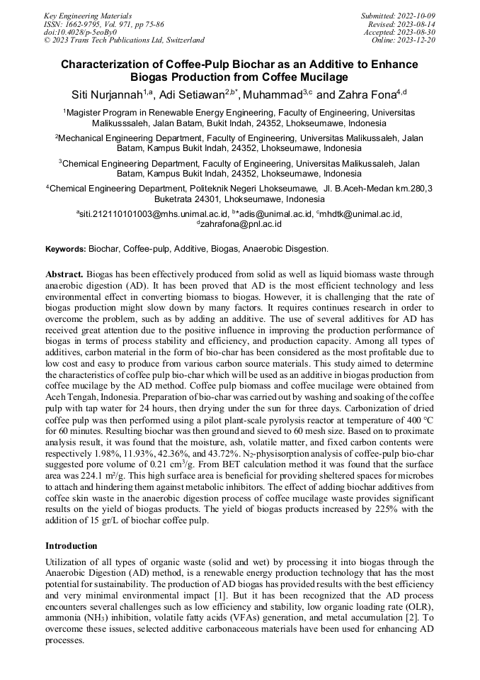 Characterization of Coffee-Pulp Biochar as an Additive to Enhance ...