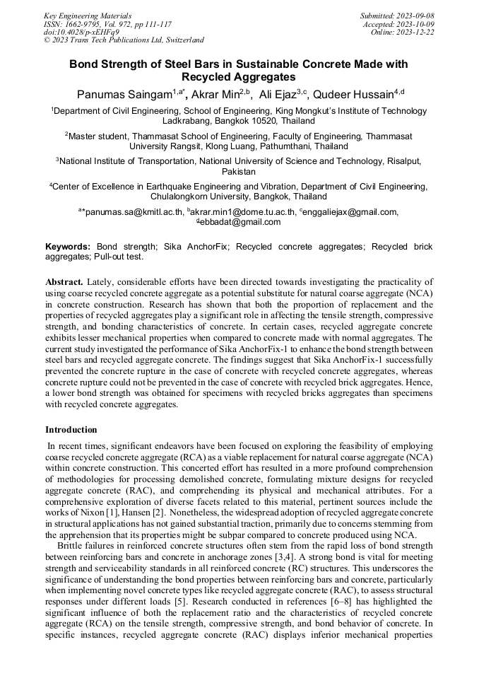 Bond Strength of Steel Bars in Sustainable Concrete Made with Recycled ...