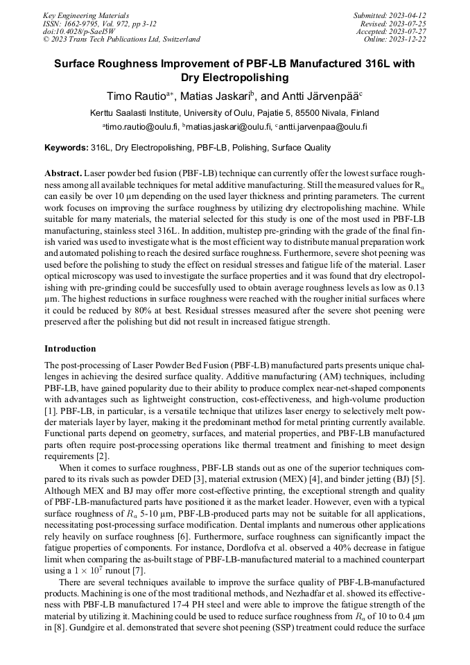 Surface Roughness Improvement of PBF-LB Manufactured 316L with Dry ...