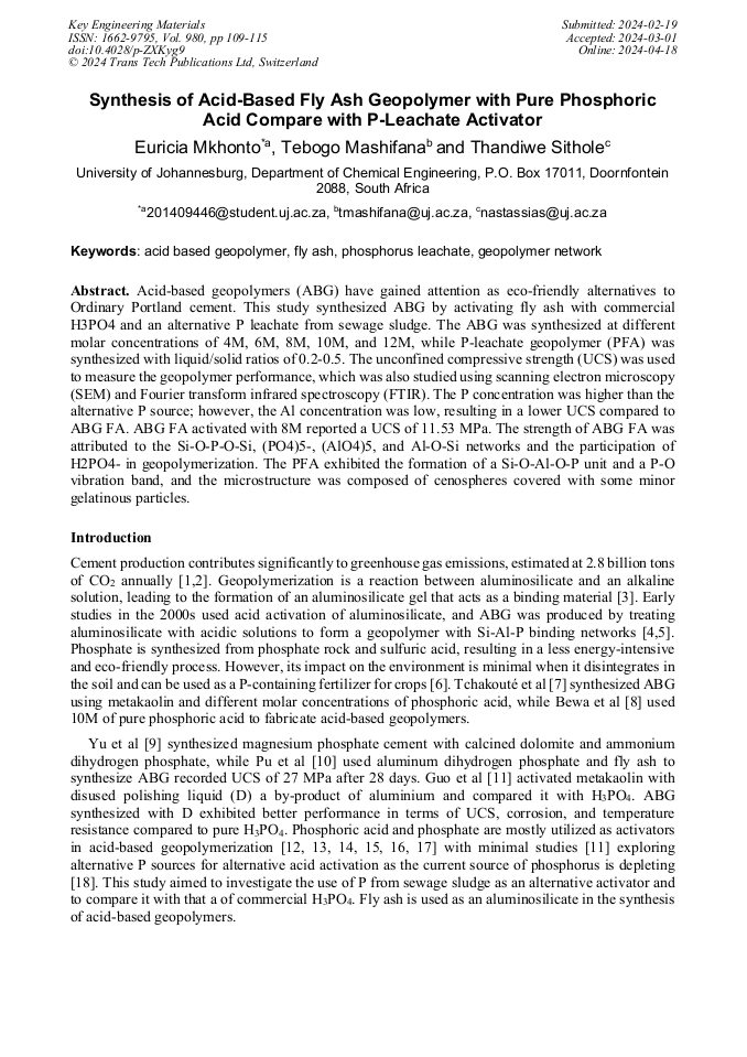 Synthesis of Acid-Based Fly Ash Geopolymer with Pure Phosphoric Acid ...
