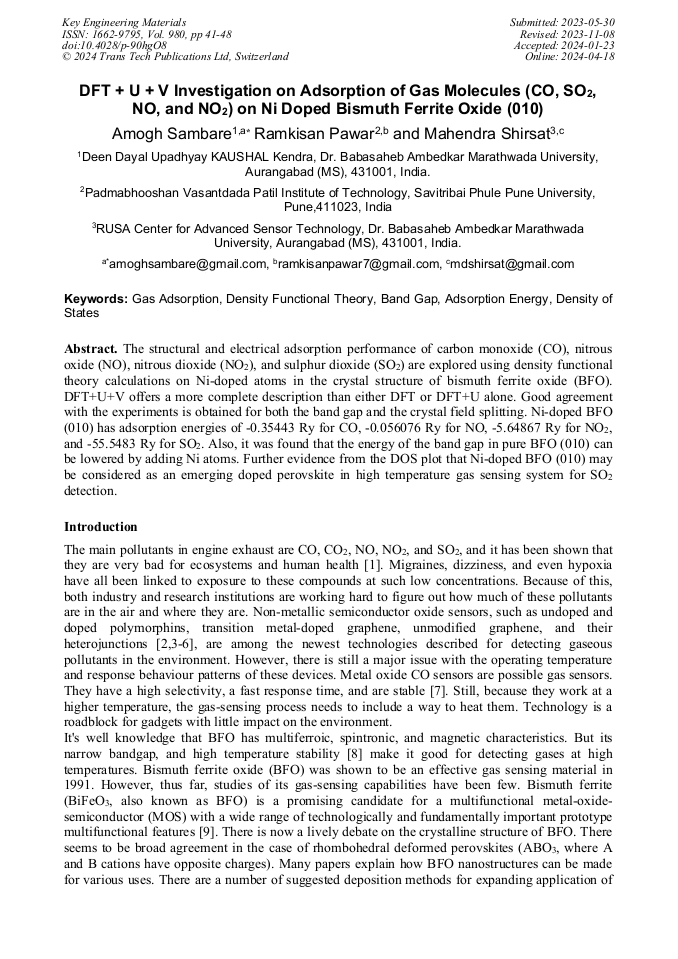 DFT + U +V Investigation on Adsorption of Gas Molecules (CO, SO2, NO ...