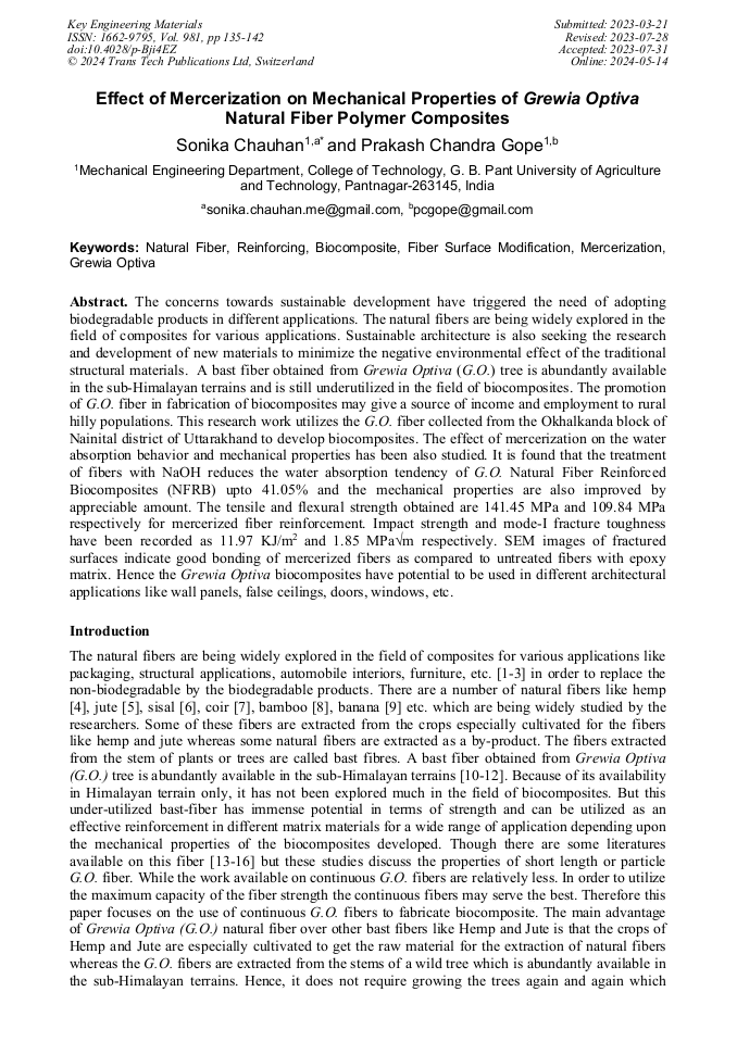 Effect of Mercerization on Mechanical Properties of Grewia Optiva ...