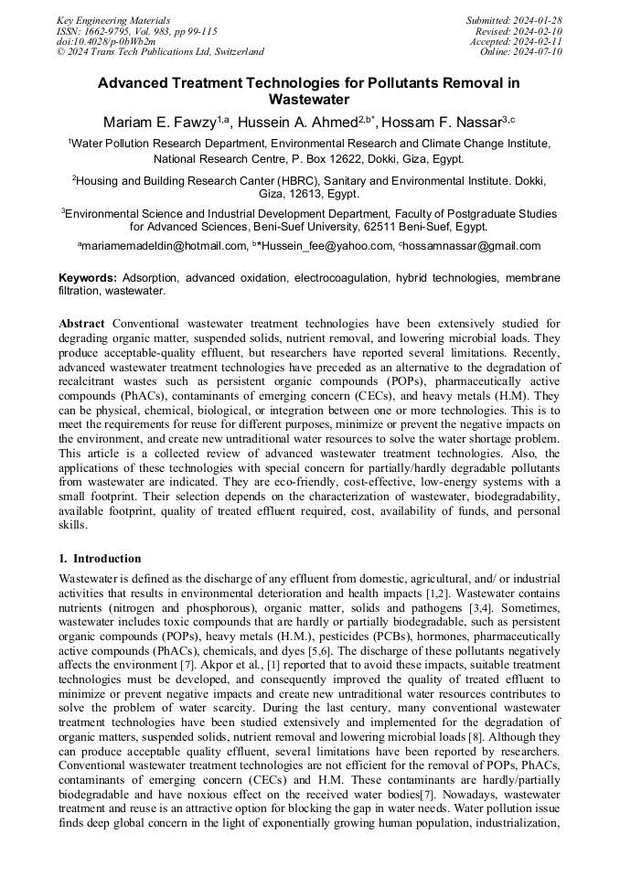 Advanced Treatment Technologies for Pollutants Removal in Wastewater ...